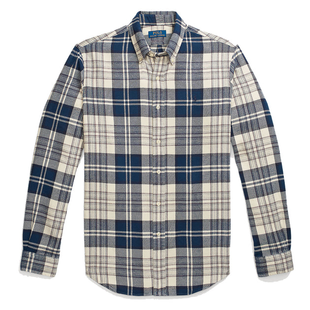 Polo Ralph Lauren Custom Fit Plaid Brushed Flannel Shirt Off White/Navy ...